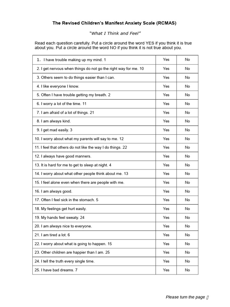 Revised Childrens Manifest Anxiety Scale | PDF | Anxiety | Standard ...