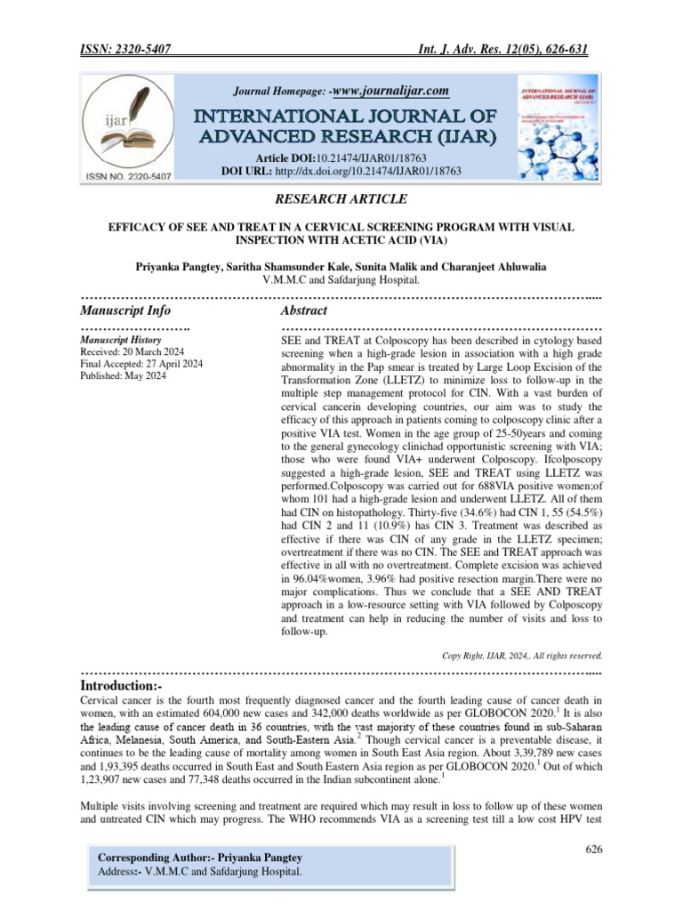 EFFICACY OF SEE AND TREAT IN A CERVICAL SCREENING PROGRAM WITH VISUAL ...