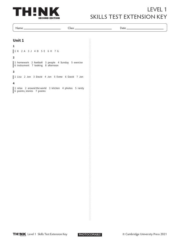 Level 1 Skills Test Extension Key | PDF | Word | Grammar