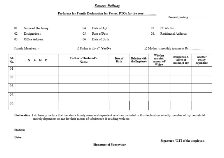 Railway Employee Family Declaration Form | PDF
