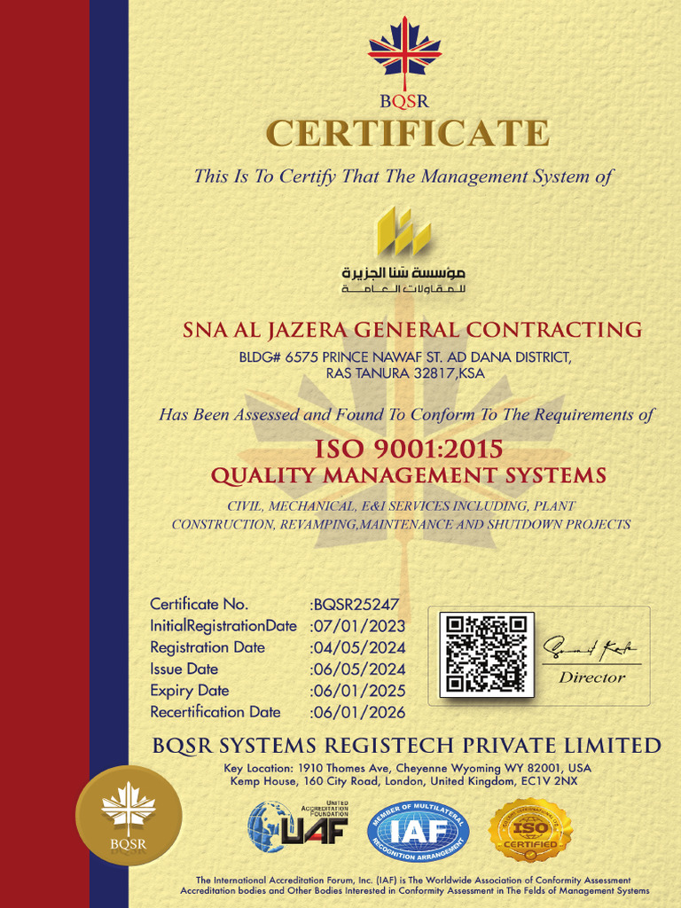 Iso 9001 - Sna Al Jazera General Contracting | PDF