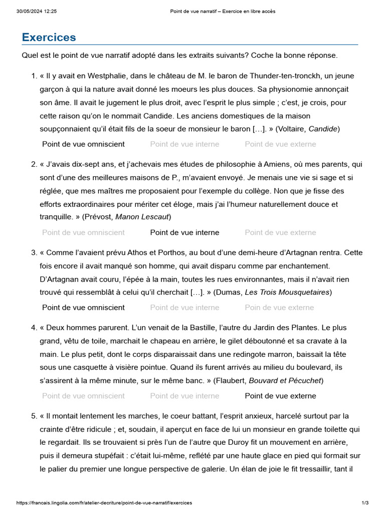 Exercices sur la Focalisation Narrativa | PDF | Les Trois Mousquetaires