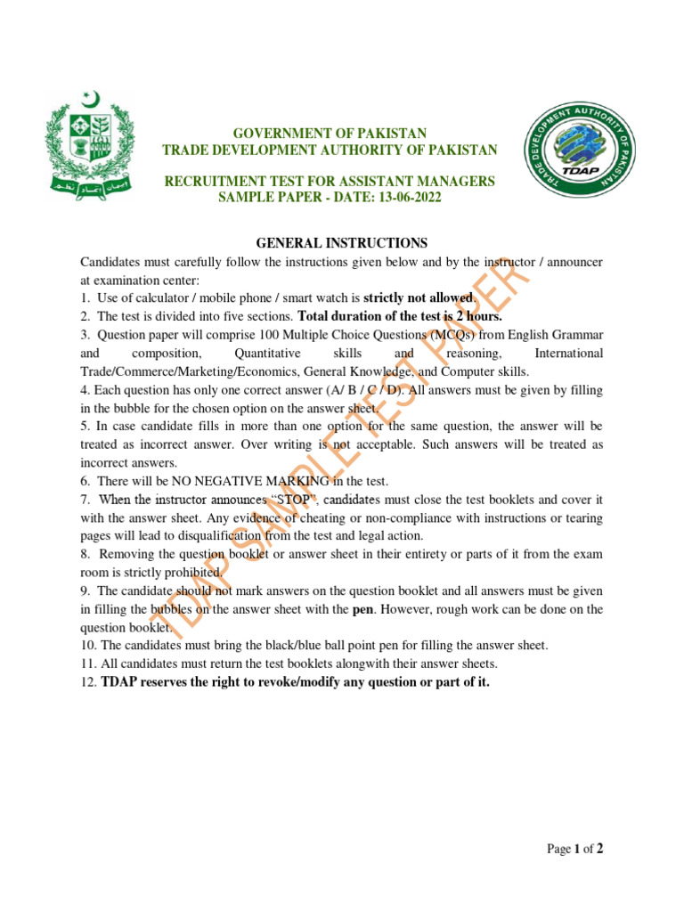 TDAP Assistant Manager Test Sample Paper | PDF | Multiple Choice ...