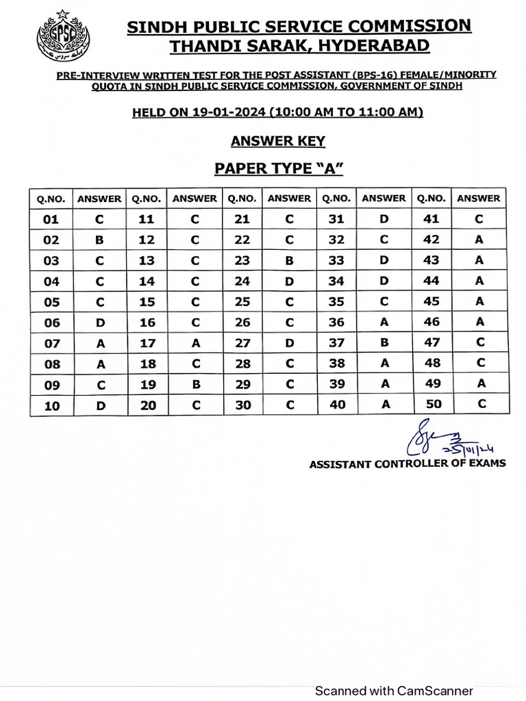 Answer Key Assistant SPSC | PDF