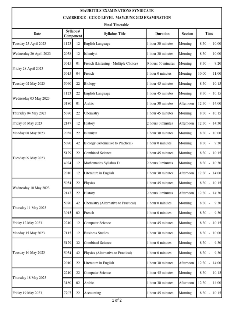 GCE O Level May/June 2023 Timetable | PDF | Science