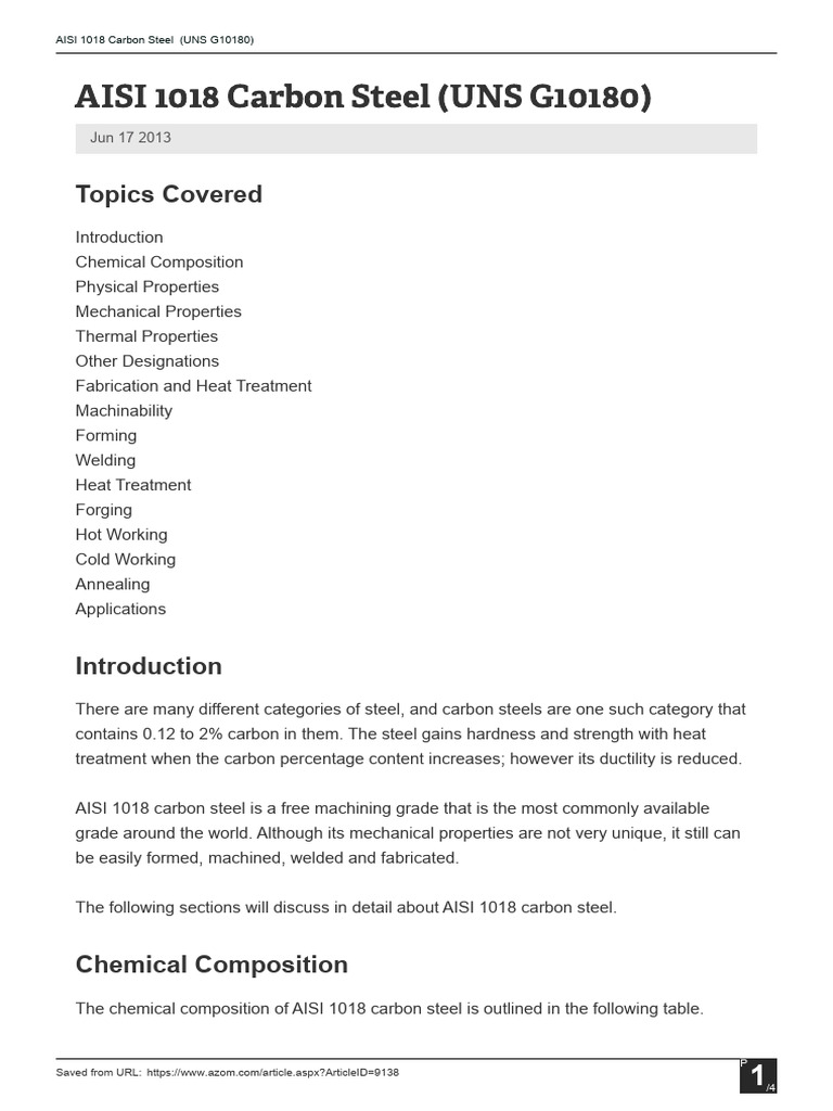 AISI 1018 Carbon Steel Overview | PDF | Steel | Strength Of Materials