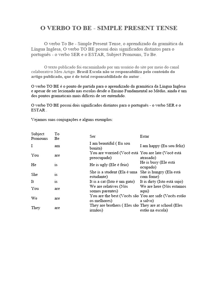 O Verbo To Be 2 | PDF | Verb | Grammatical Tense