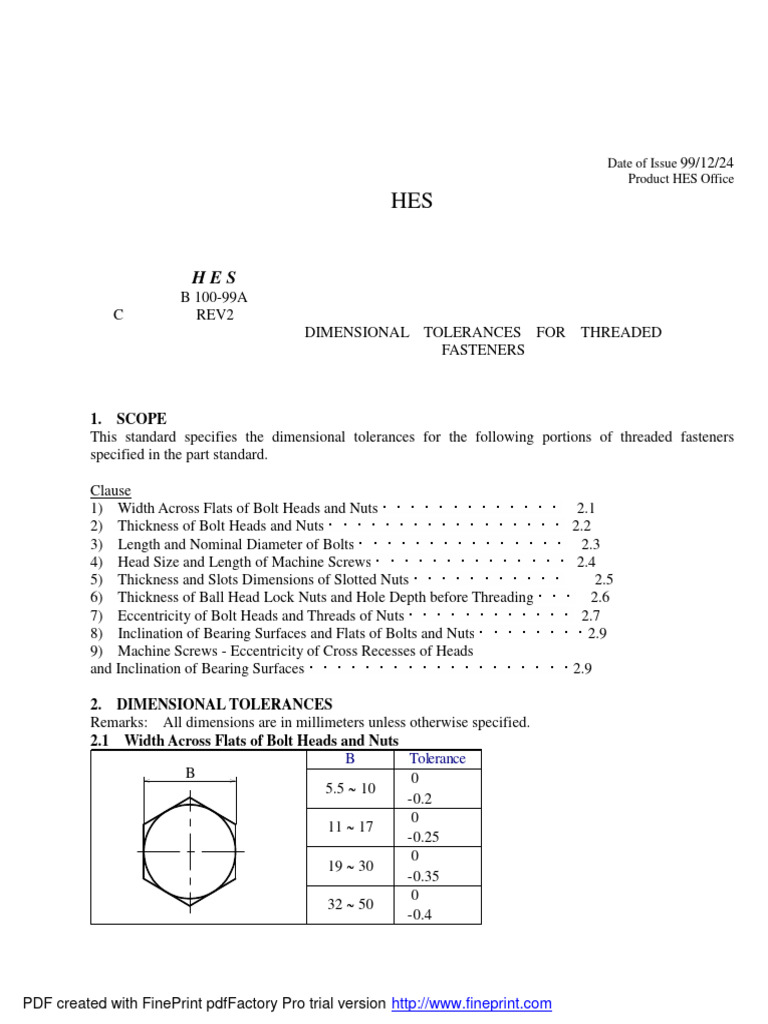 Hes b100-99 Dimensional Tolerances For Threaded Fastener | PDF | Screw ...