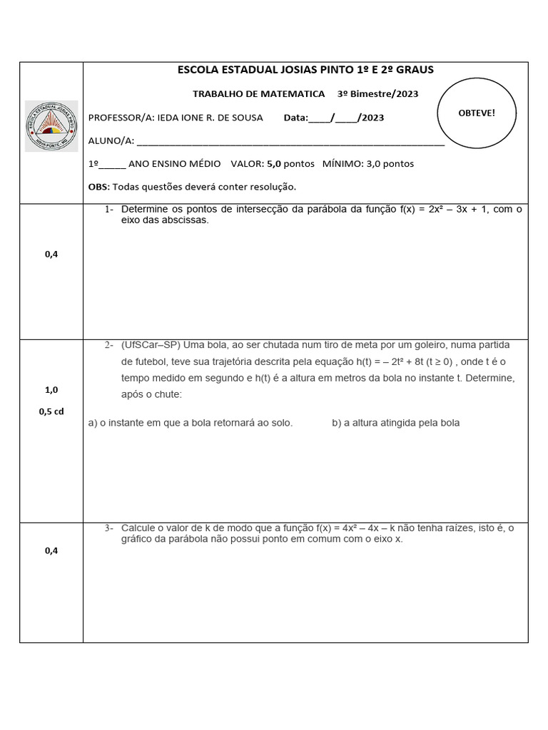 trabalho matem 4 bim | PDF