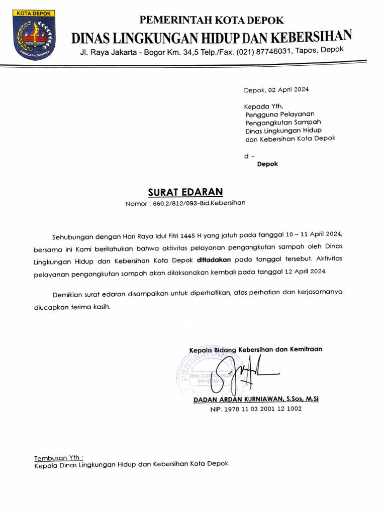 Surat Edaran Pelayanan Pengangkutan Sampah | PDF