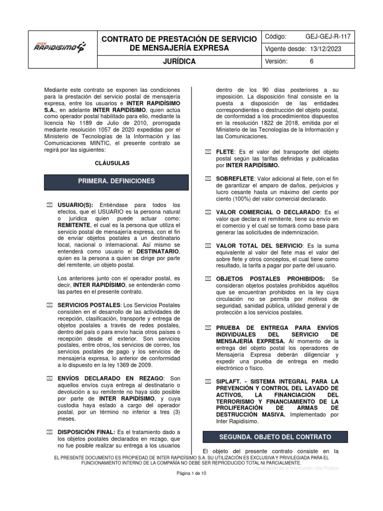 Contrato de Mensajería Expresa 2023 | PDF | Correo | Documento de identidad