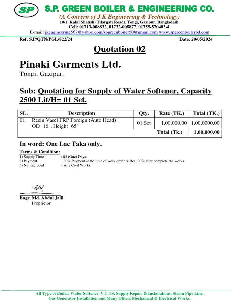 Pinaki Garments Ltd. Quotation 02 For Supply of Water Softener ...