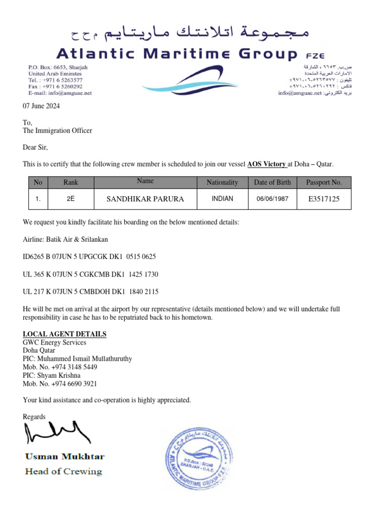 Ok to Board Letter for Seaman | PDF