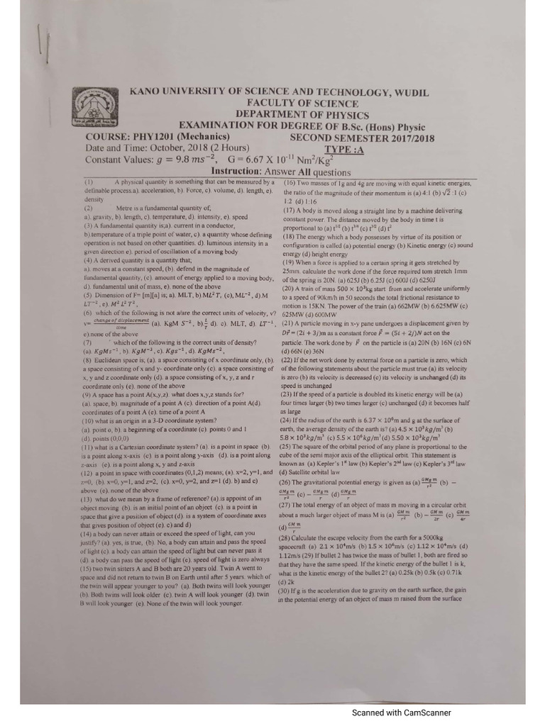 Question Papers & Marking Scheme For Phy1201 & Phy1202 | PDF