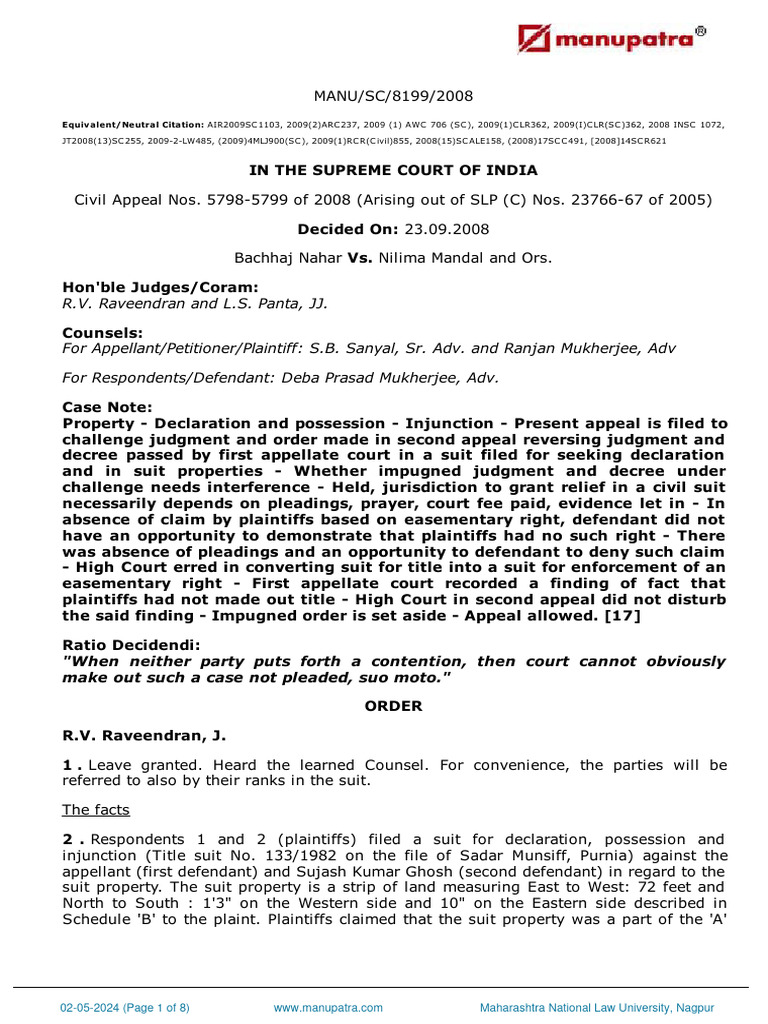 Bachhaj Nahar Vs Nilima Mandal and Ors 23092008 Ss081710COM534258 | PDF | Lawsuit | Easement