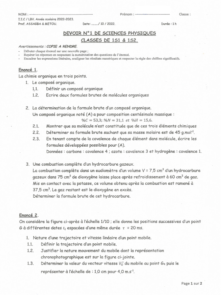 Devoir 1 1ere S Iic 2022 23 | PDF