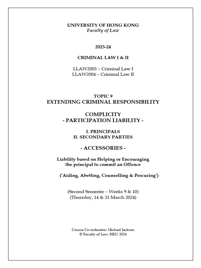 Topic 9 - Participation Liability - Principals+Secondary Parties Accessories - Outline | PDF ...