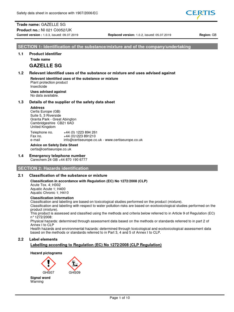Gazelle SG - MSDS 2019 | PDF | Occupational Safety And Health | Safety