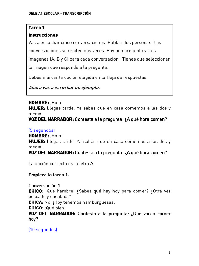 Transcripcion Dele A1 Escolar | PDF