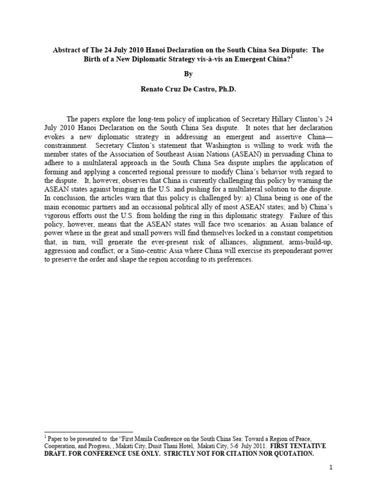 4 - de Castro - 2010 Hanoi Declaration On The Scs Dispute | PDF | South ...