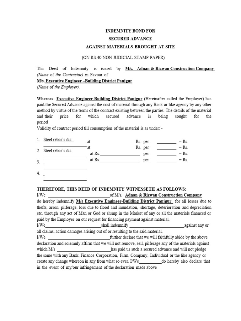 Indemnity Bond For Secured Advance | PDF | Indemnity | Law Of Obligations