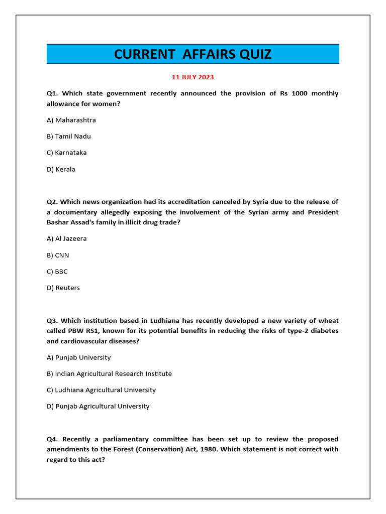 Current Affairs Quiz - July 11, 2023 | PDF | Amazon Rainforest