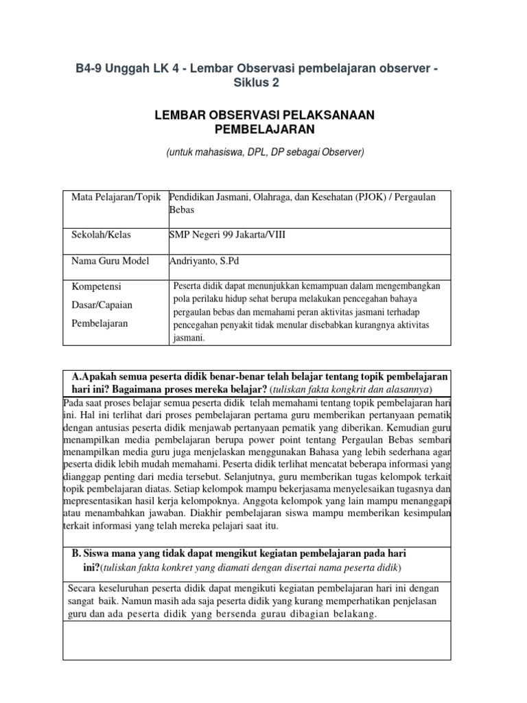B4-9 Unggah LK 4 - Lembar Observasi Pembelajaran Observer - Siklus 2-1 | PDF