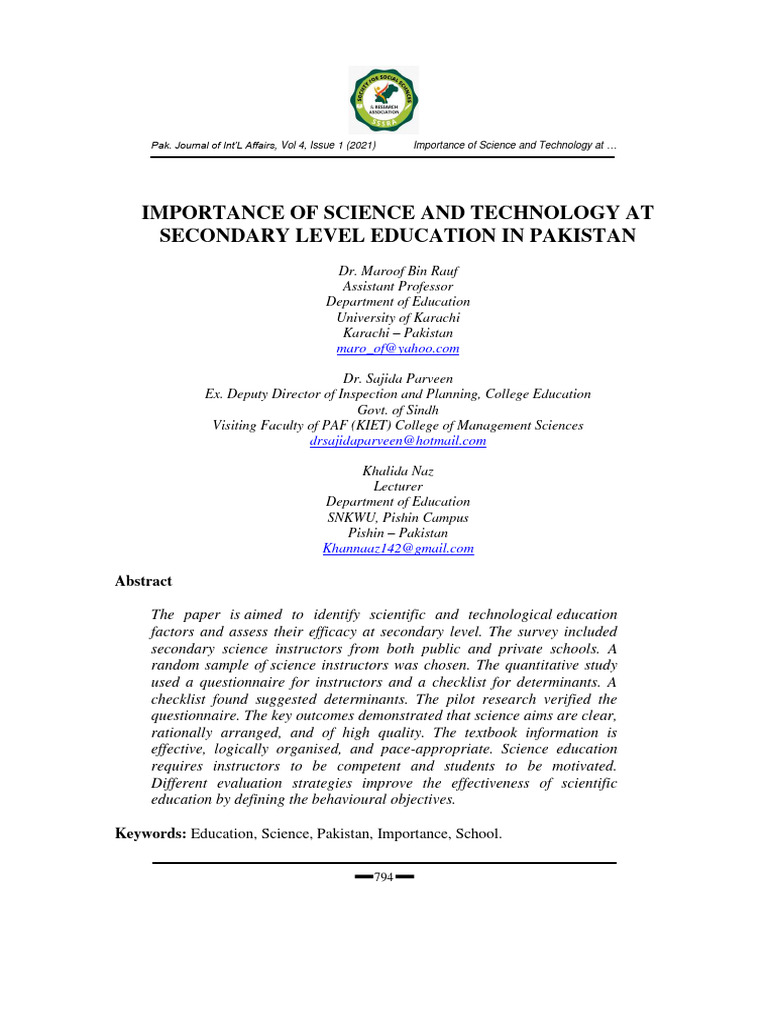 Science and Technology in Pakistan Education | PDF | Science Education ...