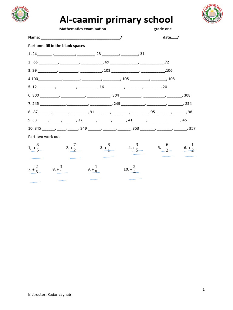 Grade One Math Exam Template | PDF