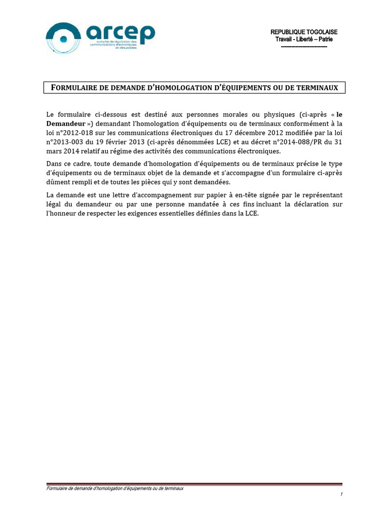 Demande d'Homologation d'Équipements | PDF | Droit