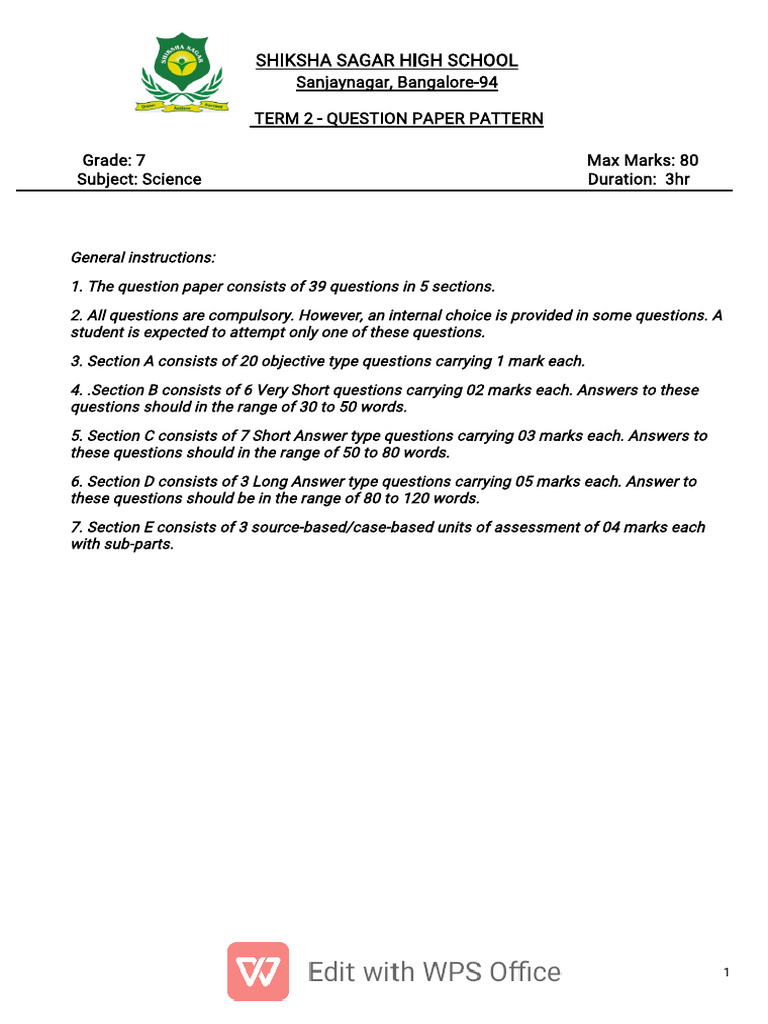 Sanjaynagar, Bangalore-94 Term 2 - Question Paper Pattern Grade: 7 Max ...