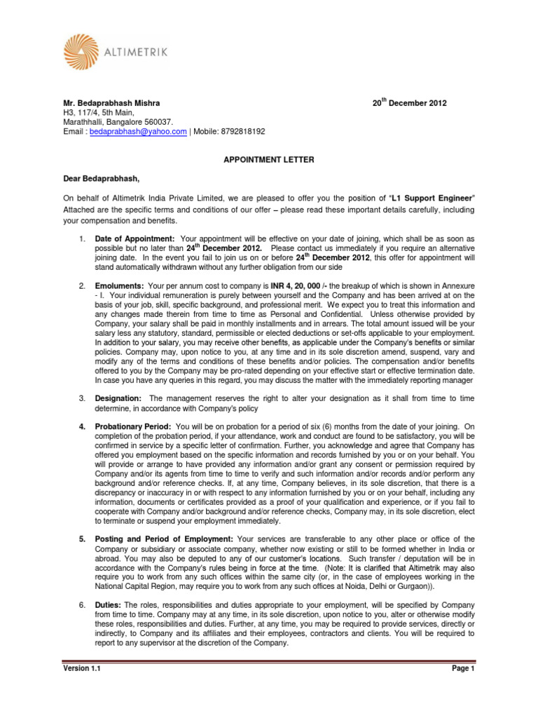 Altimetrik Joining Letter | PDF | Salary | Employment