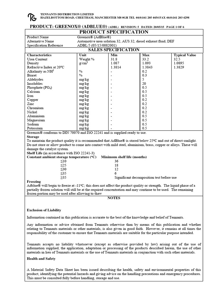 02 - Greenox AdBlue Specification and MSDS | PDF | Magnesium | Firefighter