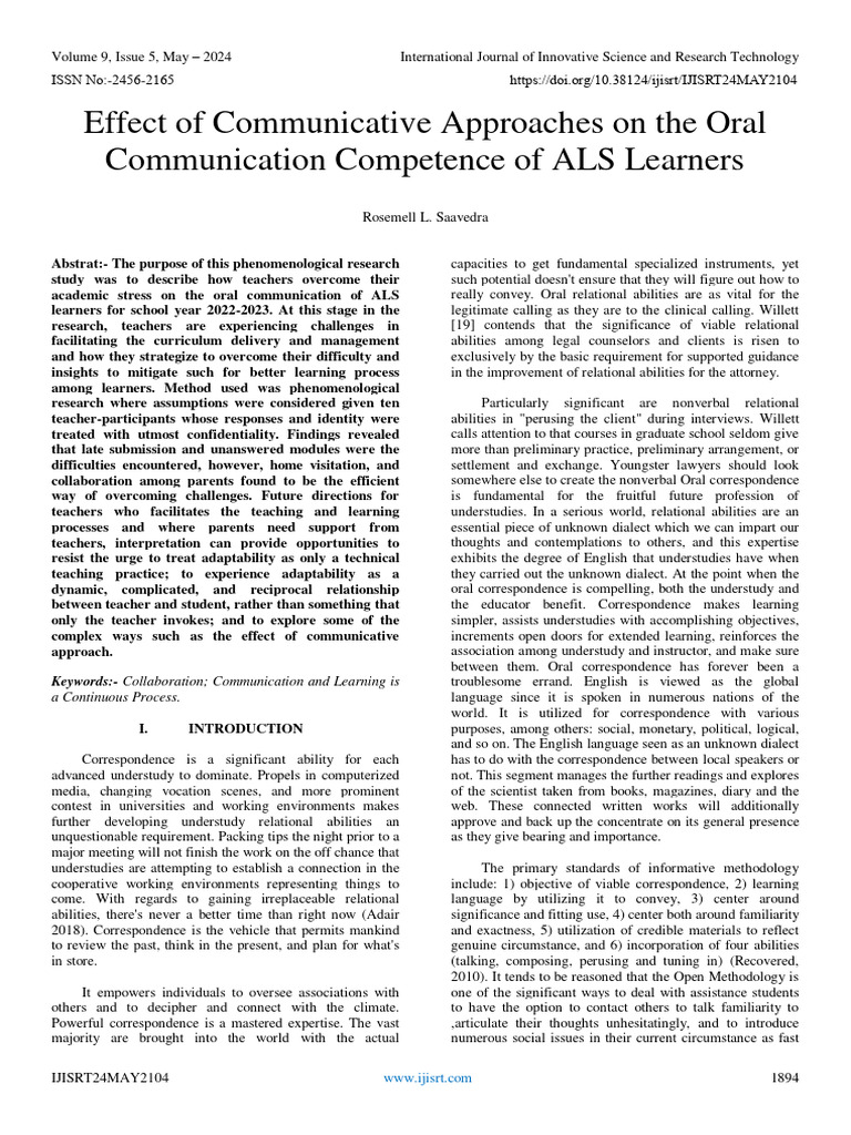 Effect of Communicative Approaches On The Oral Communication Competence ...