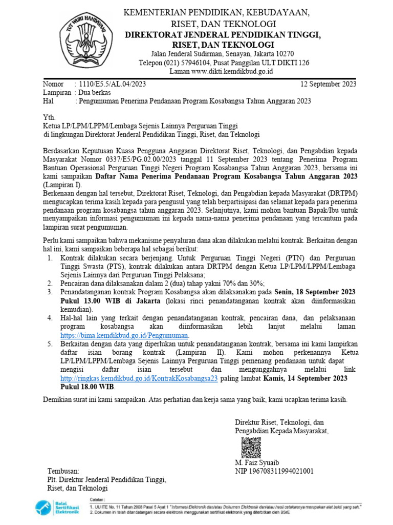 Pengumuman Penerimaan Pendanaan Program Kosabangsa Tahun Anggaran 2023 | PDF