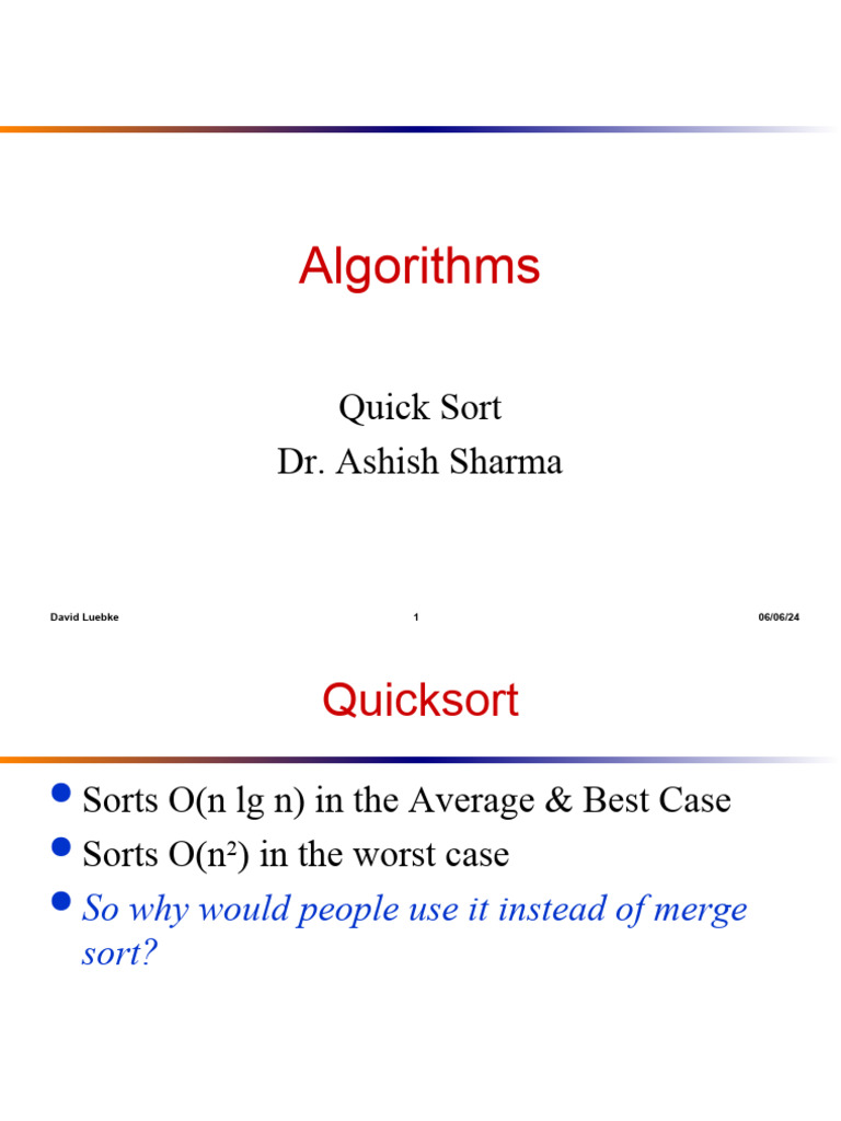 04 Quick Sort | PDF | Algorithms | Mathematical Logic 04 Quick Sort | PDF | Algorithms | Mathematical Logic