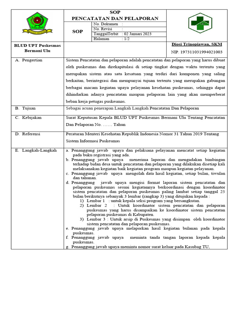 Sop Pencatatan Dan Pelaporan | PDF | Pengelolaan Keuangan & Uang