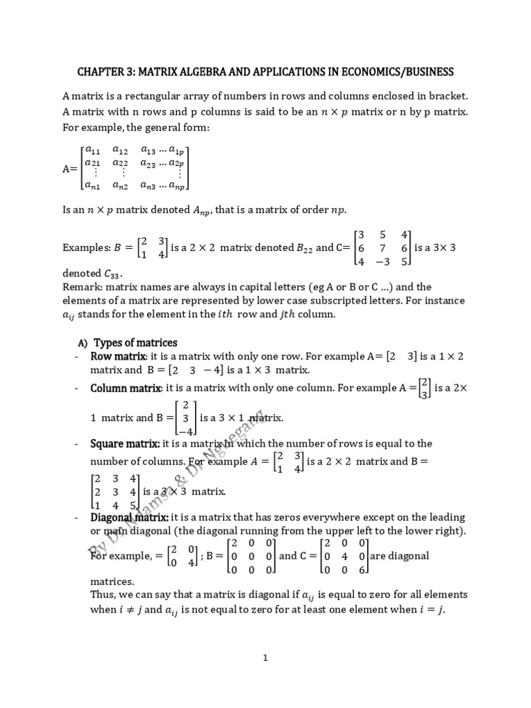 CHAPTER 3 - Matrix Algebra and Applications in Economics & Business To ...