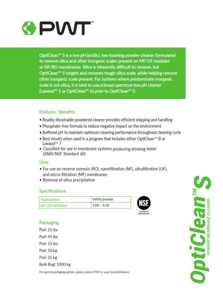 PWT OptiClean - S TDS | PDF | Membrane | Chemical Engineering