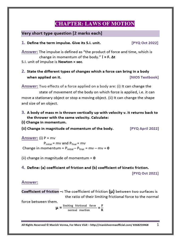 Laws of Motion: Key Concepts & Questions | PDF | Force | Newton's Laws ...
