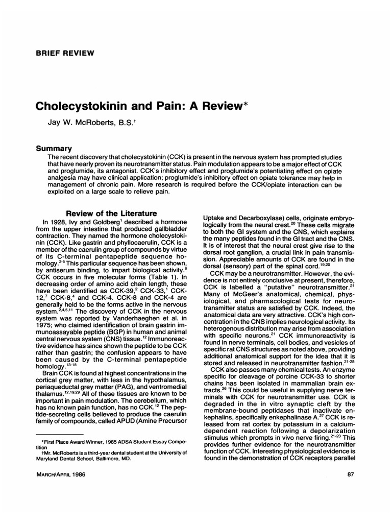 Cholecystokinin and Pain - A Review | PDF | Neurotransmitter | Nervous System