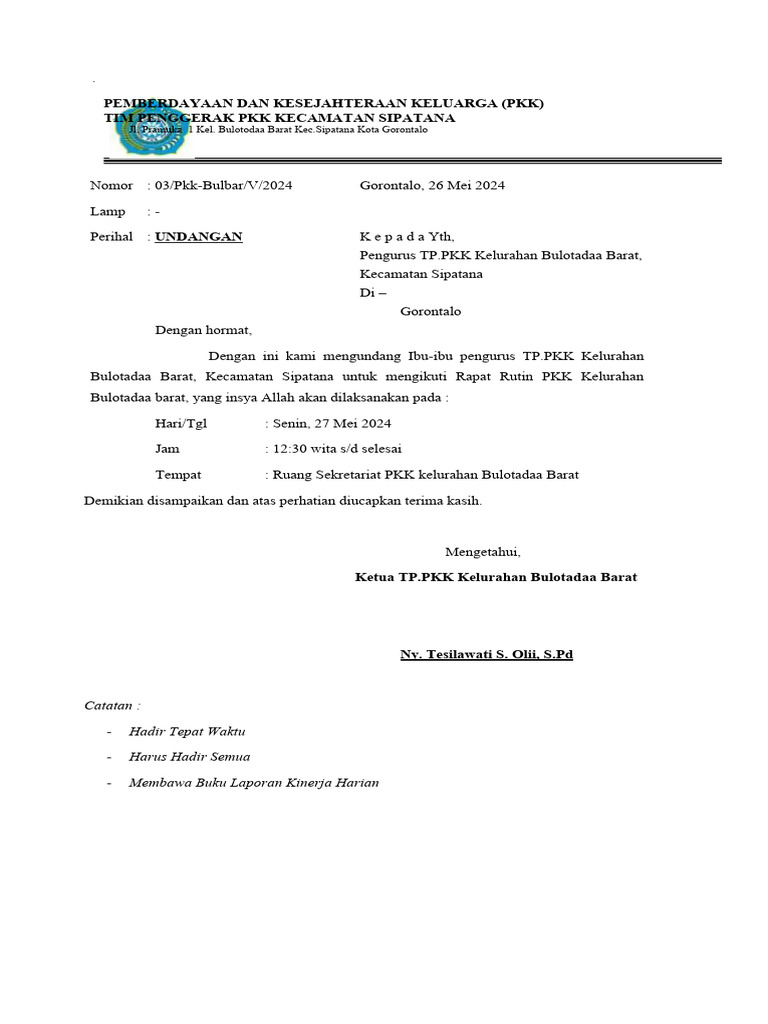 Undangan Rapat Rutin PKK Bulbar | PDF