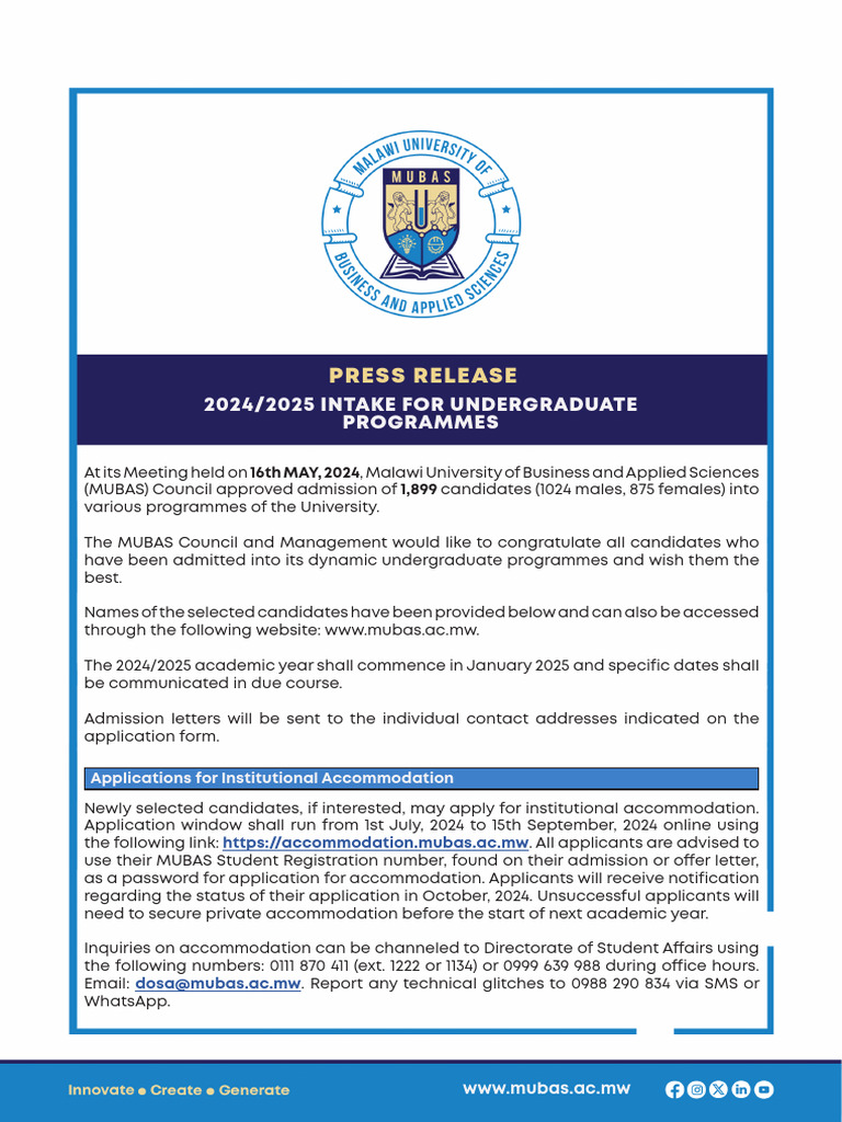 Press Release Mubas Generic Selection 2024 2025 | PDF | Catholic Church