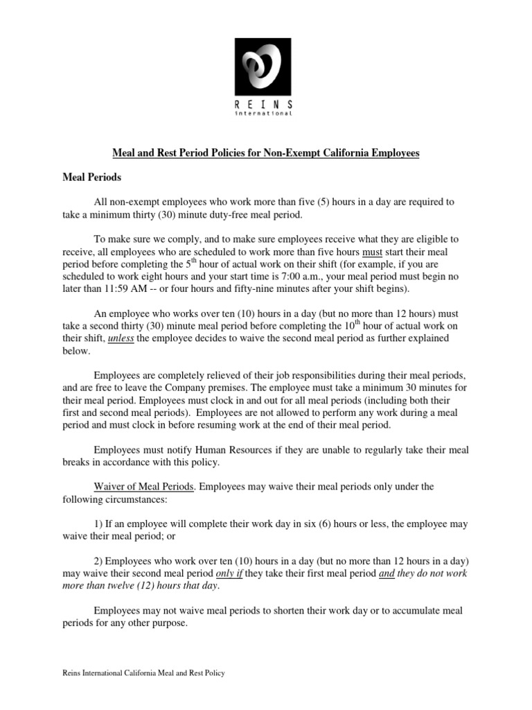 Meal and Rest Period Policy (California) - v2 | PDF | Labor | Private Law
