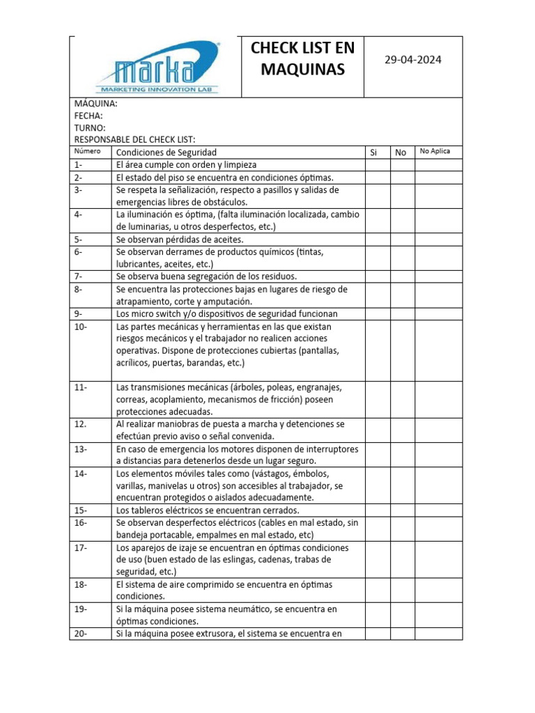 Check List de Maquinas y Equipos | PDF | Bienes manufacturados