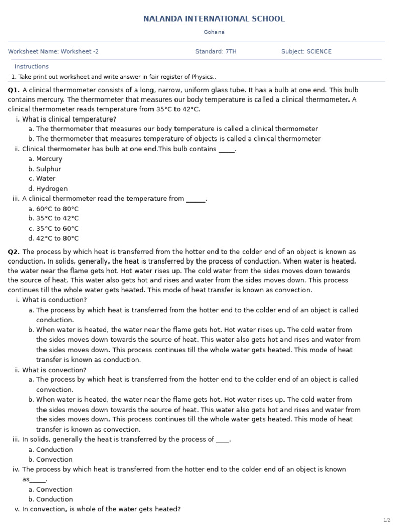 7th Grade Science Worksheet on Heat Transfer | PDF | Heat | Thermometer