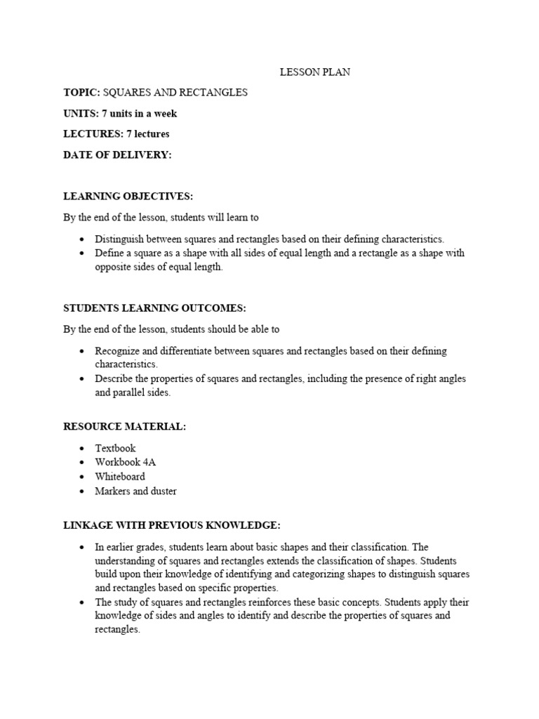 LESSON PLAn of Squares and Rectangles | PDF | Rectangle | Perpendicular