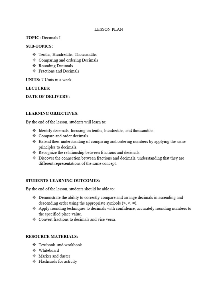 LESSON PLAN of Decimals I | PDF | Decimal | Rounding