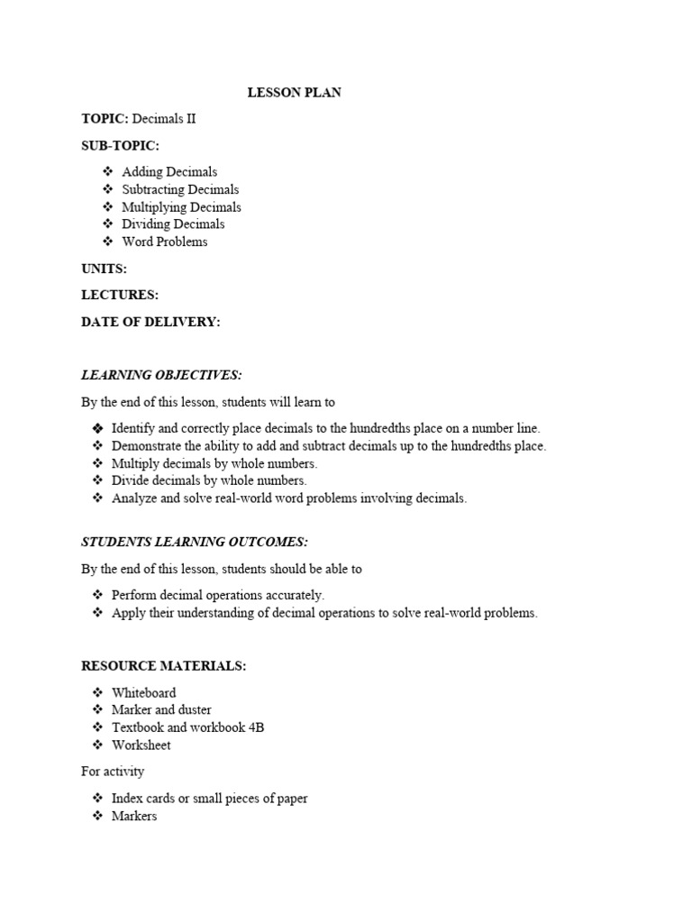 lesson plan of decimals II | Download Free PDF | Decimal | Multiplication