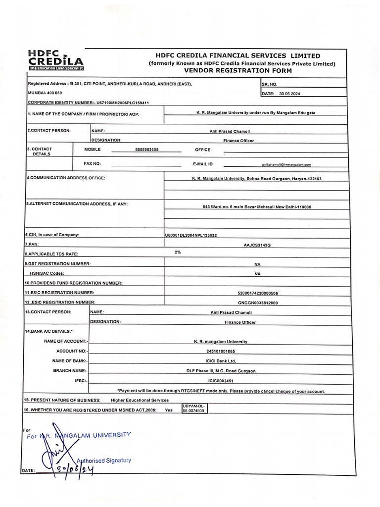 Vendor Reg Form Pdf